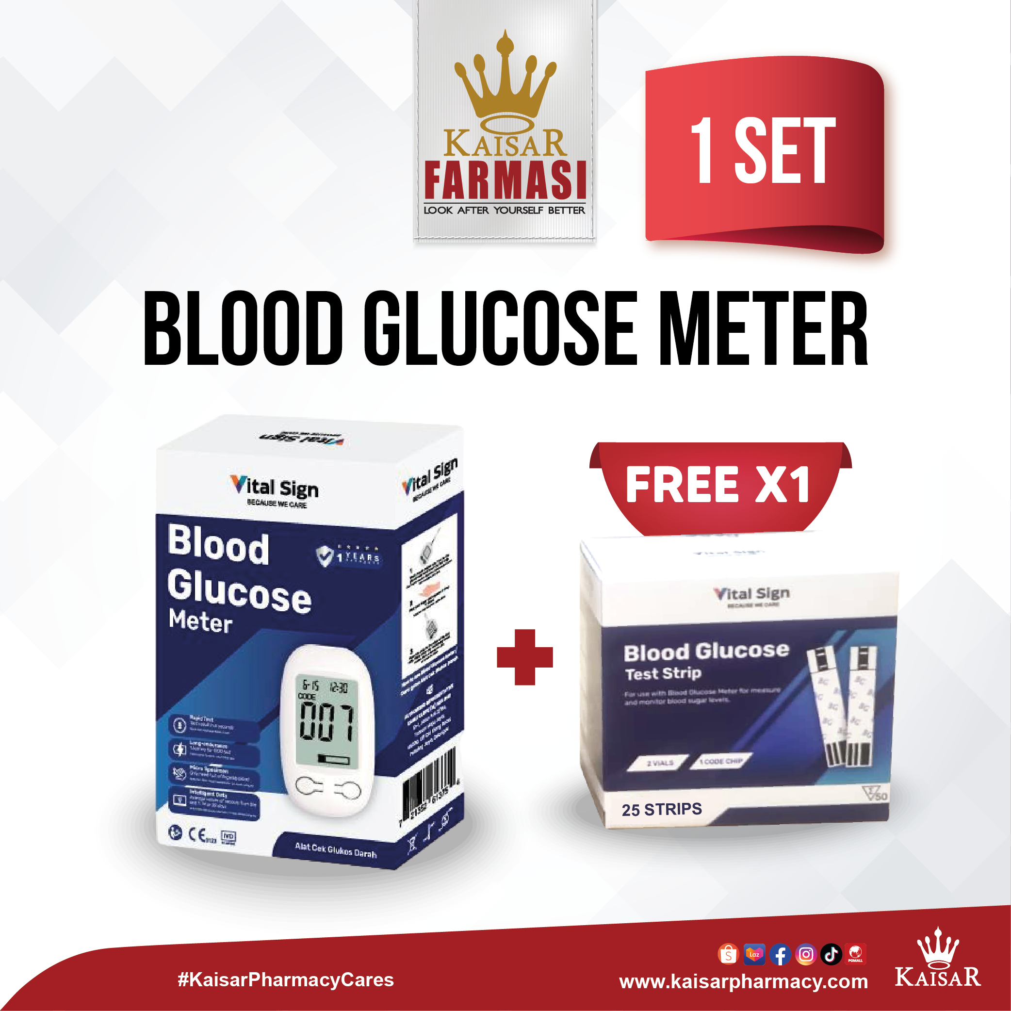 Vital Sign Blood Glucose Meter + FOC 25 strips – Kaisar Pharmacy